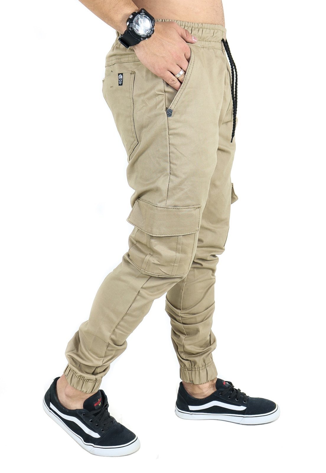 Calça Jogger Masculina Sarja Elástico Bolso Cargo Bege Escuro Compre