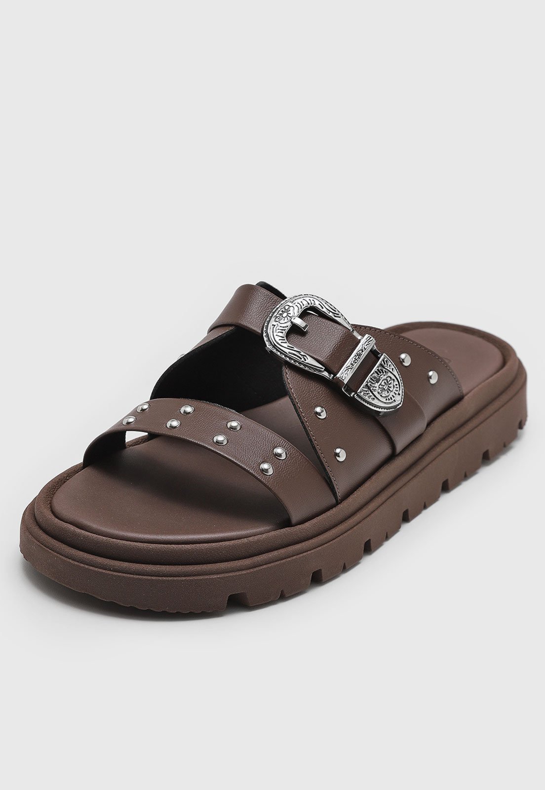 Rasteirinha Rasteira Feminina Moleca Tachas Fivela Marrom - Compre ...