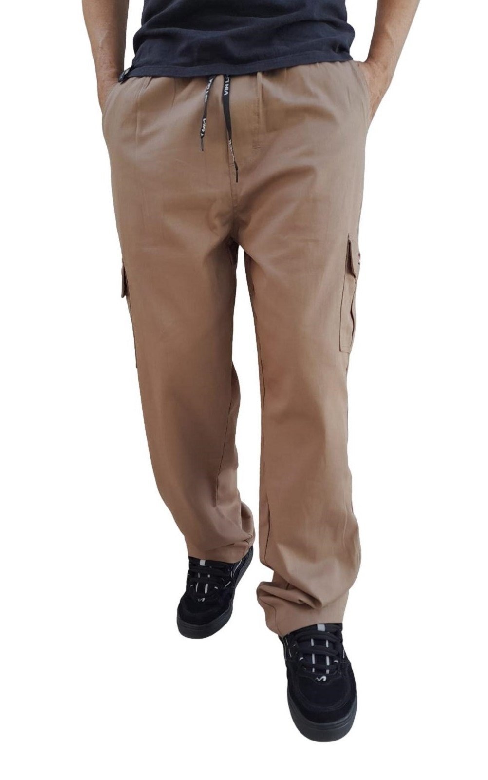 Calça Cargo Masculina Cáqui 6 Bolsos Reta Larga Skatista Marrom
